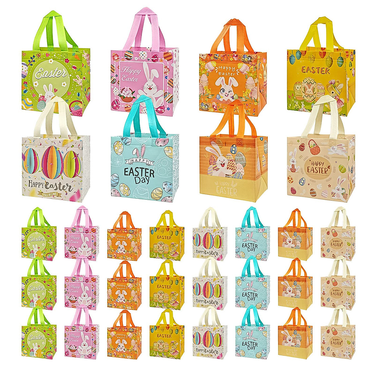 Maetrin 24pcs Easter Bags with Handles, Small Easter Gift Bags for Kids Bulk Size 8 * 8 * 6inches, Premium Reusable Easter Tote Bags for Egg Hunt as Easter Egg Hunt Basket Bags or Easter Party Bags
