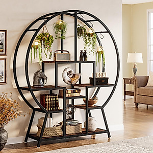 Tribesigns 65" Large Bookshelf Bookcase, Industrial Round Etagere Bookshelves with 7-Tier Storage Shelving, Open Display Shelves Wood Plant Stand for Living Room, Bedroom, Home Office