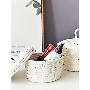 Cotton Rope Storage Basket with Lid Round Basket Small Woven Basket with Lid Decorative Woven Baskets for Organizing for Home Storage, Living Room(22x14cm)