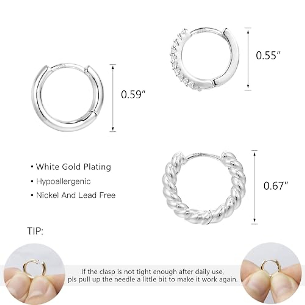 3 Pairs Small Huggie Hoop Earrings Set White Gold Hypoallergenic Silver Huggie Hoops Earrings for Women