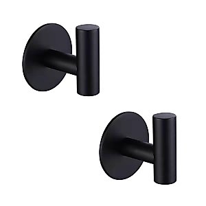 Zuvky Self Adhesive Hooks 304 Stainless Steel heavy duty hangers without nails for Bathrooms Kitchen Livingroom Garage Hotel Waterproof Towel Hook-2 Pack (Black)