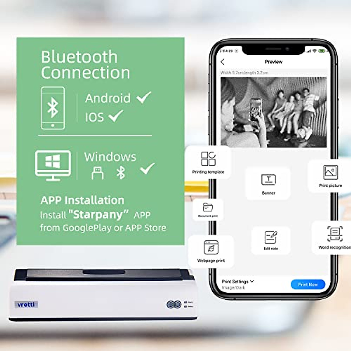 vretti A4 Wireless Bluetooth USB Portable Printer Compatible with Android and iOS Phone Support 8.5×11 Inches Thermal Paper for Outdoors Home Office Travel Students and Cars Printing