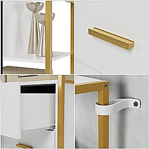 finetones Gold Bookshelf with 3 Drawers, 71.2” Tall Bookshelf White and Gold Bookshelf with Sturdy Metal Frame, Gold Shelf Etagere Standard Book Shelf Display Shelf for Home Office