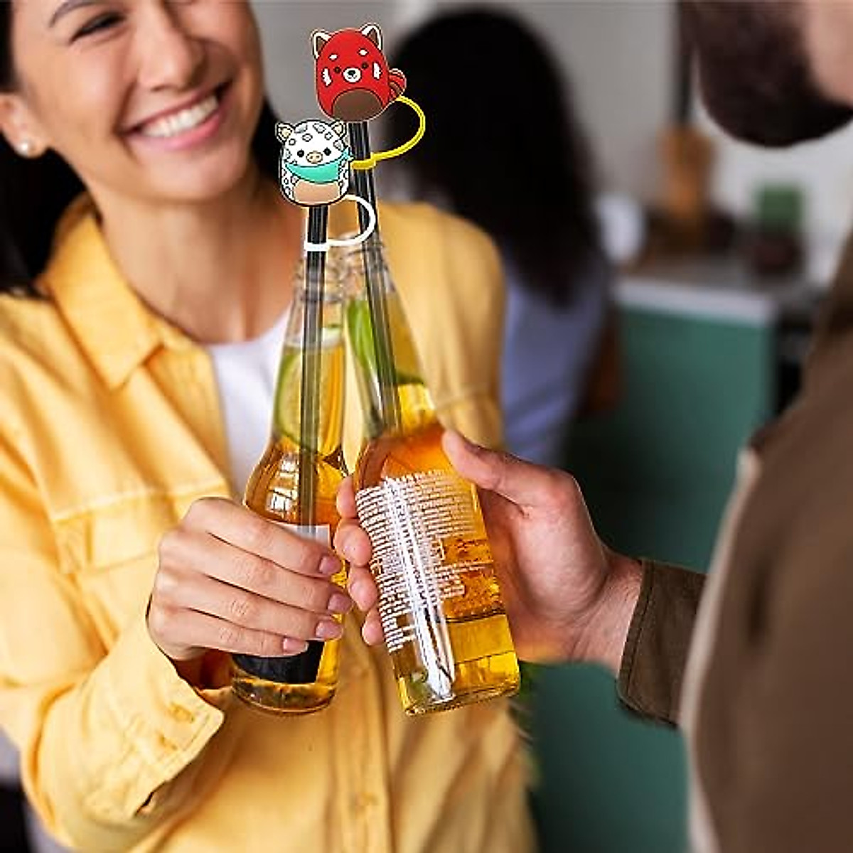 16Pcs Animal Straw Tips Cover Cap Reusable Silicone Straw Toppers Drinking Straw Tips Lids for 6-8 mm Cute Straws Plugs (Straw Not Included)