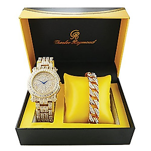 Charles Raymond Bling-ed Out Silver Round Luxury Mens Watch w/Bling-ed Out Cuban Bracelet - L0504B - Cuban (Gold)