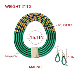 Wosois Multilayered Tribal Choker Necklace Earrings Set Colorful Woven Rope African Necklaces Weave Collar Chunky Statement Necklace Jewelry Sets for Women (Green)
