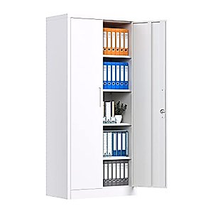 Reemoon Metal Storage Cabinet with Locking Doors and Adjustable Shelves, 71" Tall Steel Storage Cabinet for Home Office, White