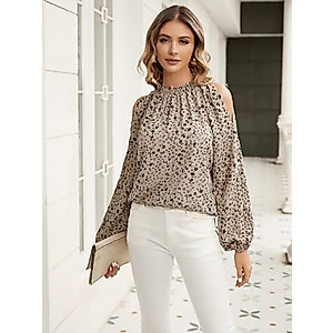Verdusa Women's Cold Shoulder Bishop Sleeve Floral Print Blouse Shirt Top Khaki L