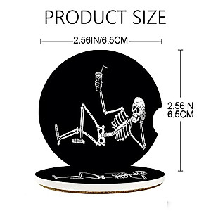Car Coasters for Drinks Absorbent, 2 Pack Cup Holders, 2.56" Ceramic Stone & Non-Scratch Cork Base Coasters, Auto Accessories for Women & Men, Human Skeleton Cocktail Funny Skull