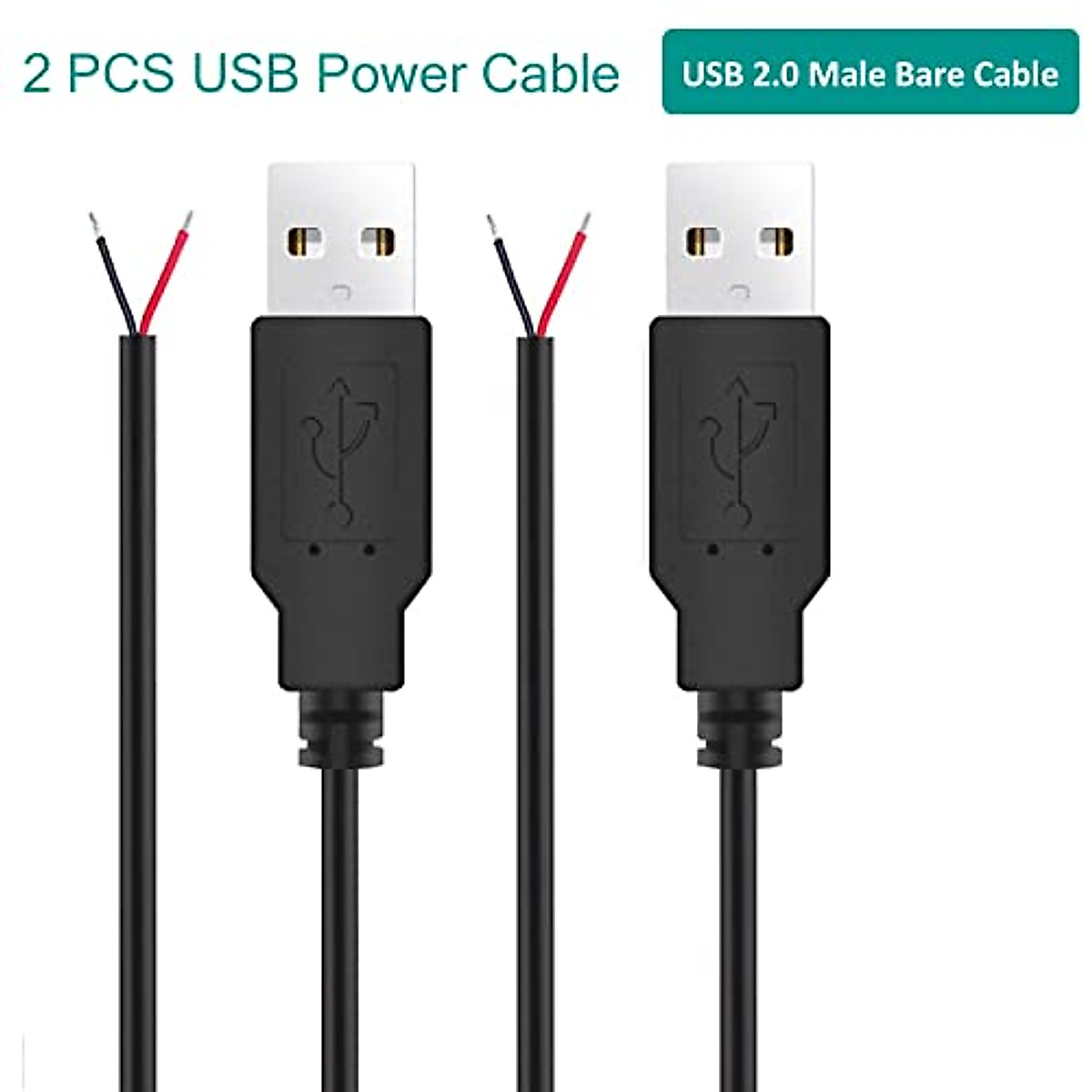 USB 2.0 Male Bare Cable Pigtail Open End Extension Cables 5V 3A Power Charge Wires DIY Connector Replacement Cable Cord 18AWG -2pcs (1M)