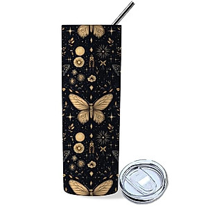 Medpol Black Gothic Butterfly tumbler with lid and straw 20 oz insulated tumbler cups Black Gothic Butterfly insulated travel coffee mugs for women cute sippy cups stainless insulated travel cups