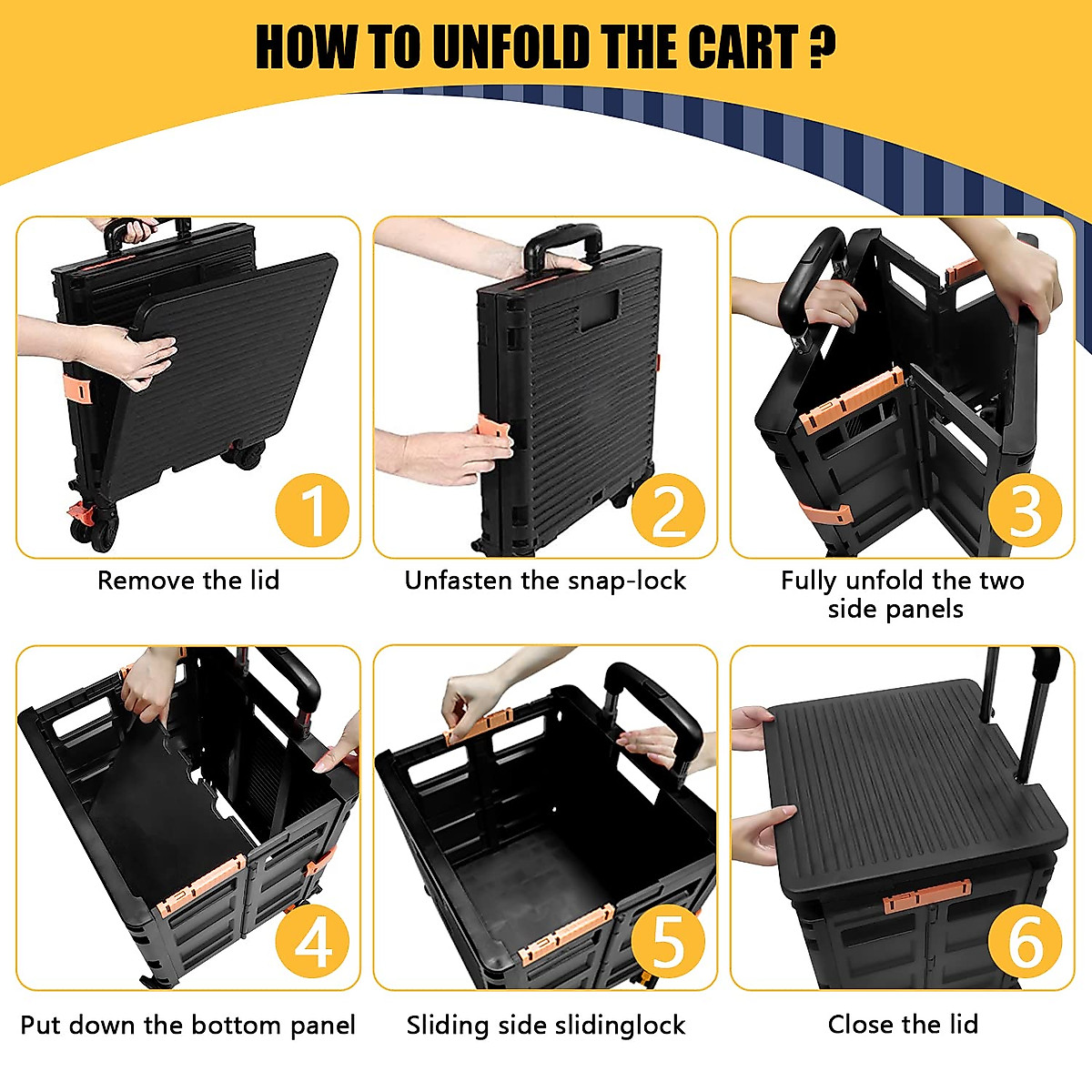 SELORSS Foldable Utility Cart Rolling Crate Handcart 110lbs Large Capacity Shopping Cart with 360°Rotate Noiseless Wheels & Telescoping Handle for Transports Groceries Office School Use(Black