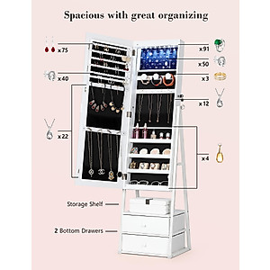 Nicetree Jewelry Cabinet Armoire with 2 Drawers, Lockable Standing Jewelry Mirror Cabinet, Full Length Mirror with Jewelry Storage, White