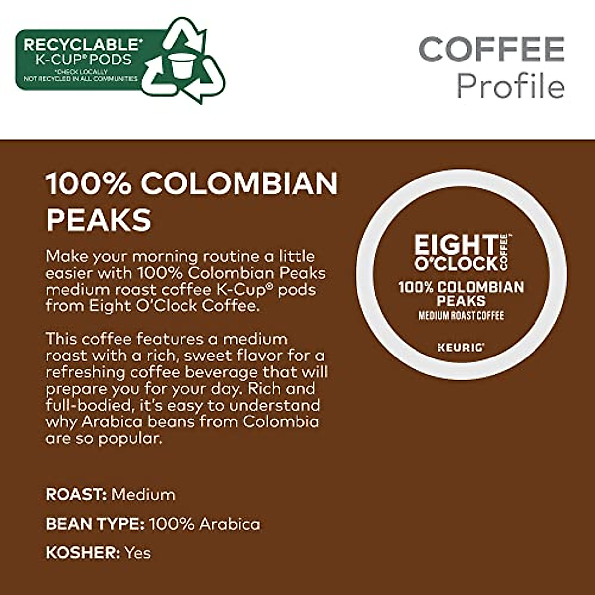 Eight O'Clock Coffee Colombian Peaks Single-Serve Keurig K-Cup Pods, Medium Roast Coffee Pods, 32 Count