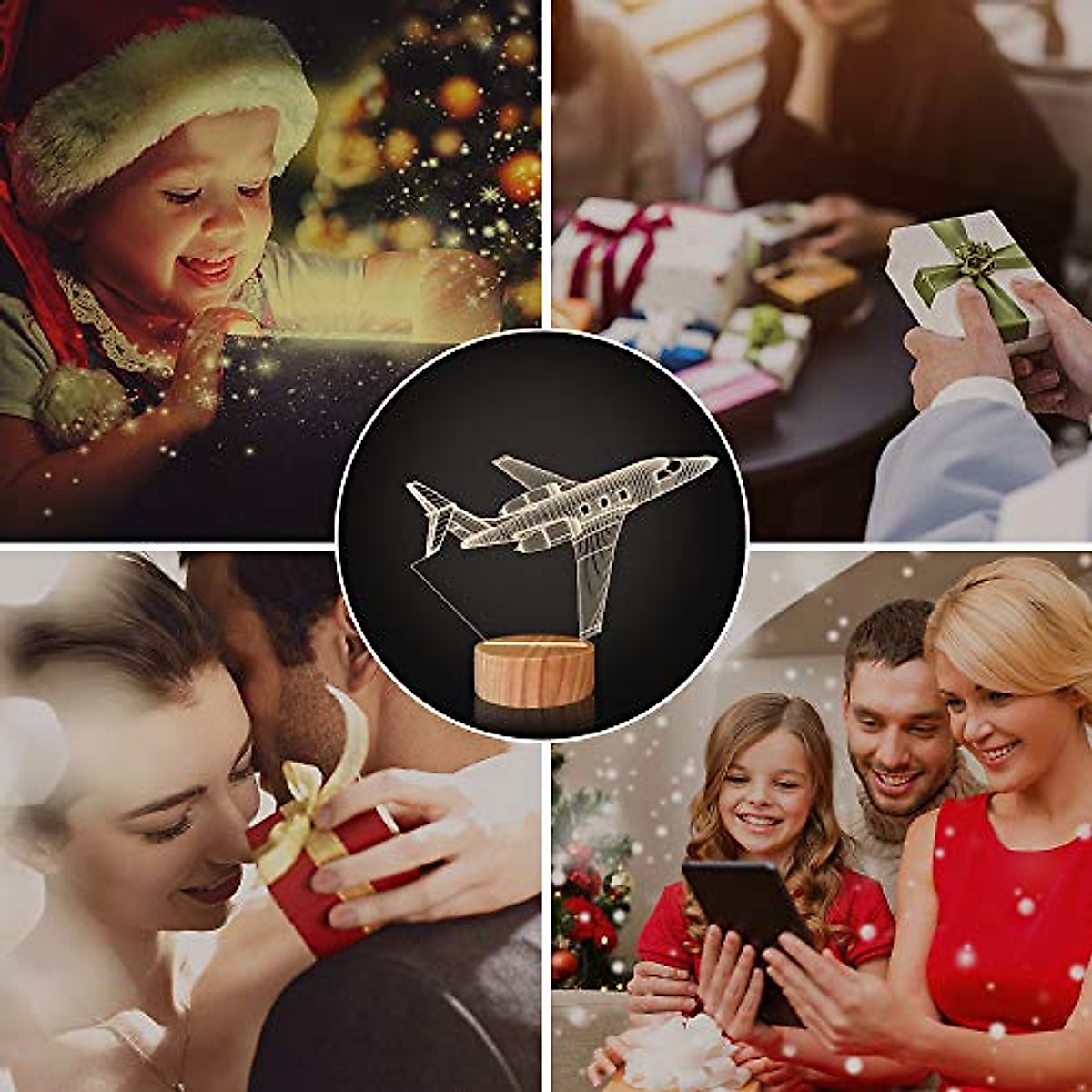 Airplane Night Light 3D Illusion Lamp,Soft Warm Colors Wood Table Lamp for Boys Pilot Gifts with USB Power