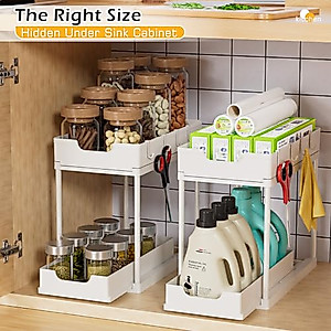 YFXCVSL 2-PACK Pull-Out Under Sink Organizer Double Sliding, 2 Tiers Under Bathroom Cabinet Organization, Kitchen Storage Shelf with Hooks, Sink Organizer, 14.41 “(H) * 8.7 “(W) * 15.6“(L), White