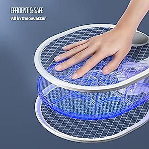 Buzbug Electric Fly Swatter, Type-C Rechargeable Bug Zapper Racket with Charging Base, Foldable Bug Zapper for Indoor and Outdoor, Mosquito Swatter with Blue-Purple Working Light