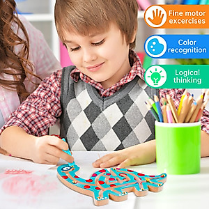 NiToy 3-Pack Wooden Magnetic Maze Toys for Kids 3+, Dinosaur Interactive Puzzle Game Boards Montessori Labyrinth STEM Activity Child Fine Motor Skill Development Preschool Birthday Gifts (3 Dinosaurs)