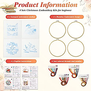 4 Set Embroidery Kit for Beginners Adults Cross Stitch Embroidery Kit for Book Lovers DIY Needlepoint Kit with Book Patterns, Instructions, Embroidery Hoops, Needles, Colored Threads, Needle Threader