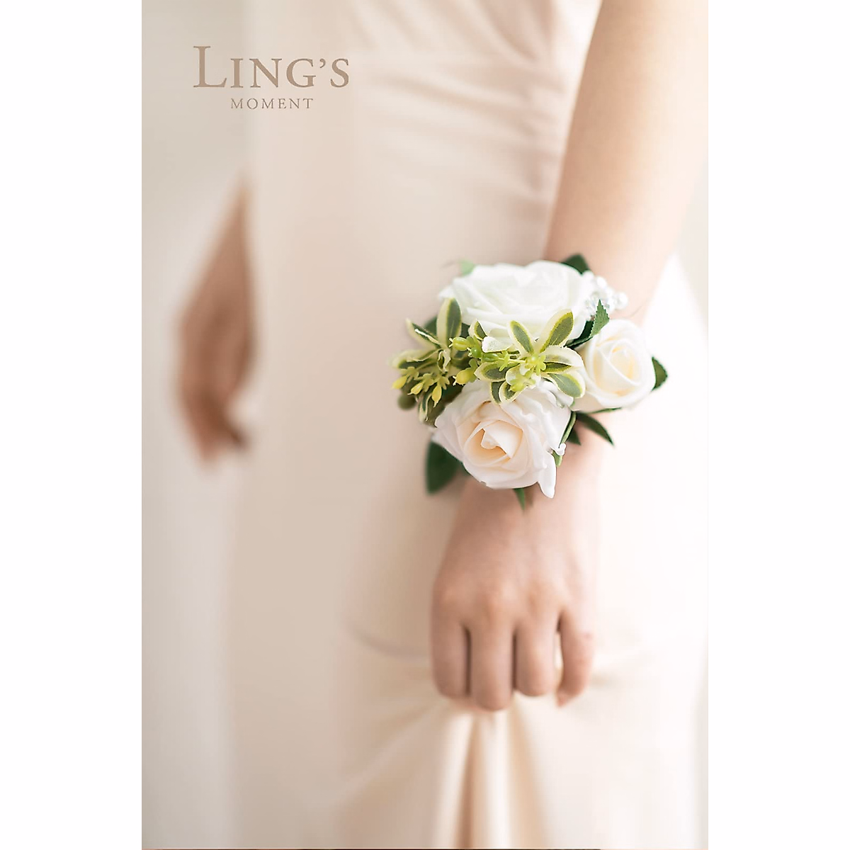 Ling's Moment 2pcs Homecoming Wrist Corsage Artificial Flowers, Girl/Mother Corsages Wristlet Décor for Prom/Wedding/Anniversary, etc. White Ivory