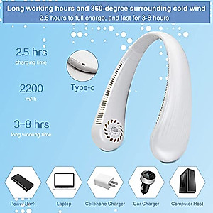 MQ Portable Neck Fan, Cooling Personal Fans Hands Free Bladeless Fan 3 Speeds Adjustment Rechargeable USB Powered Wearable Headphone Design Hanging Neck Fan Personal Fan, White