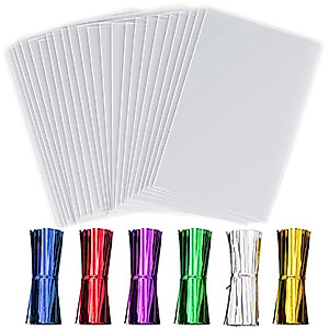 LEOSINDA 50 pcs Clear 8"X 12" Gift Wrap Cellophane Bags Flat Cello Bags Cookie Bags Treat Bags with Twist Ties 6 Mixed Colors Poly Bag 1.3 mil for Bakery, Cookie, Candies