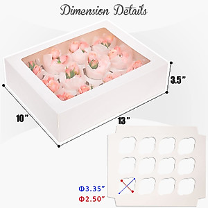 12 Cupcake Containers 20-Packs White Cupcake Box Cupcakes Carrier, 12 Cupcake Boxes with Window 13"x10"x3.5"（Auto-pop up）