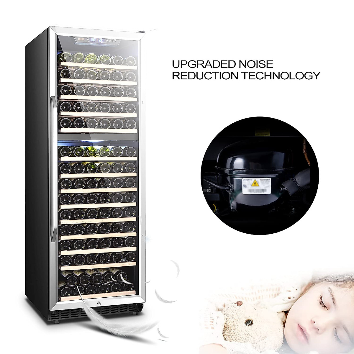 Lanbo Dual Zone Compressor Red Wine Cooler with Wooden Shelves, 160 Bottles