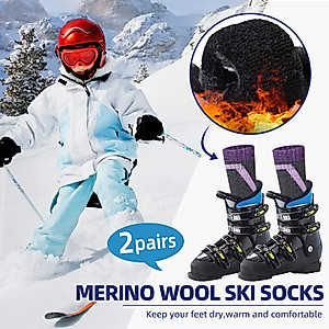 Kids Ski Socks Merino Wool Winter Warm Thermal Hiking Snowboarding Knee High Heavy Boot Socks for Toddler Boys Girls 2 Pairs(Black/Grey, 4-7 Years)