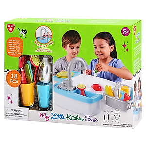Play My Little Kitchen Sink Toys - Toddler Kitchen Role Dishwasher Toys with Running Water Cycle System - Utensils Tableware Accessories for Kids - 18 Piece Pretend Toy for Boys & Girls
