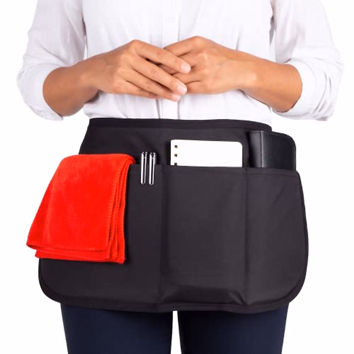 SupplyMaid Waterproof Server's Apron with 3 Pockets & Buckle Waist Closure - Black Waitress Stain-Proof Bistro Bartender Canvas Work Aprons Holds Pens, Notepads, Straws, Server Book, Bar Towel, Tips