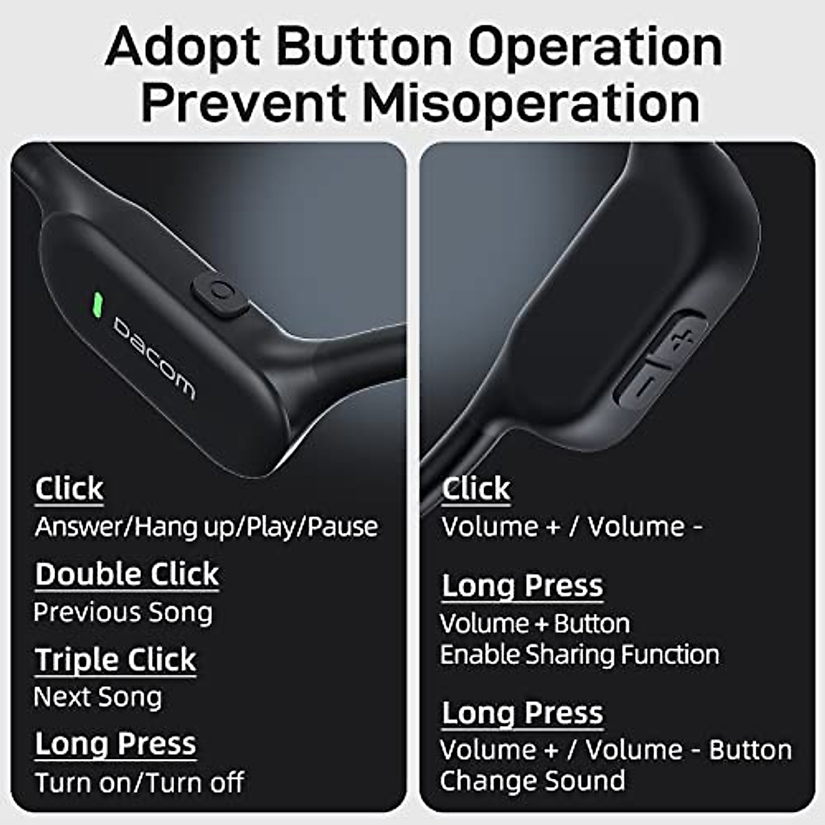 DACOM Bone Conduction Headphones Wireless Bluetooth 5.3 Fast Charge IPX7 Waterproof Sports Open Ear Headphones Built-in Mic with Headband Noise Canceling Earphones for Running Workout Black