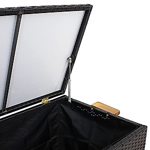 Sunnydaze 75-Gallon Faux Wicker Outdoor Deck Storage Box with Acacia Wood Handles - Hinged Lid - Black