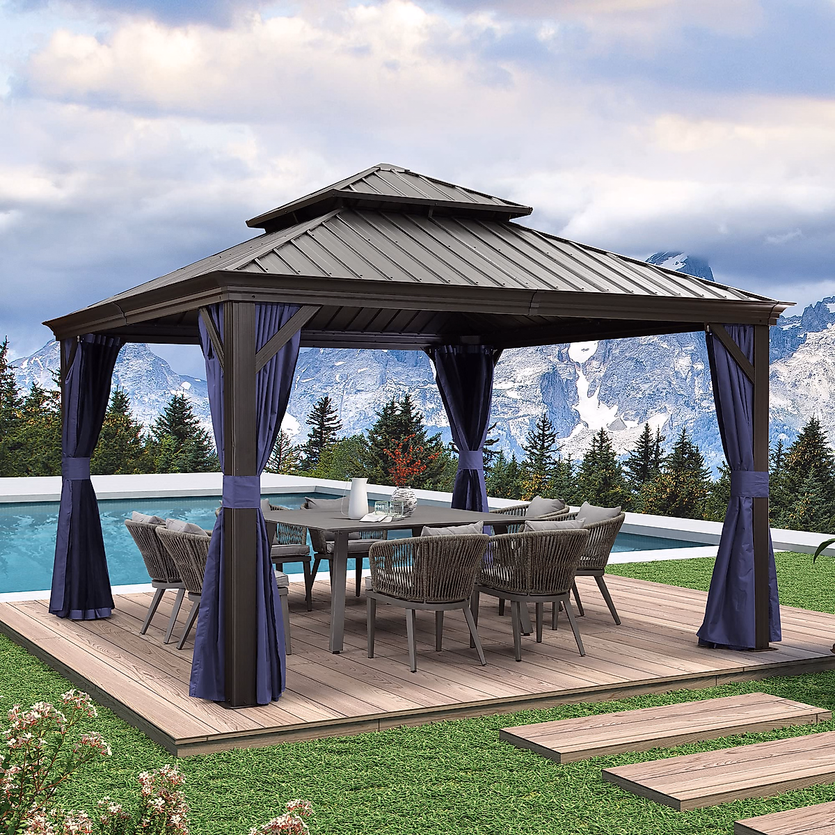 PURPLE LEAF 12' X 12' Hardtop Gazebo Aluminum Frame with Galvanized Steel Double Roof for Patio Lawn and Garden, Navy Blue Curtains and Netting Included Grey Outdoor Gazebo