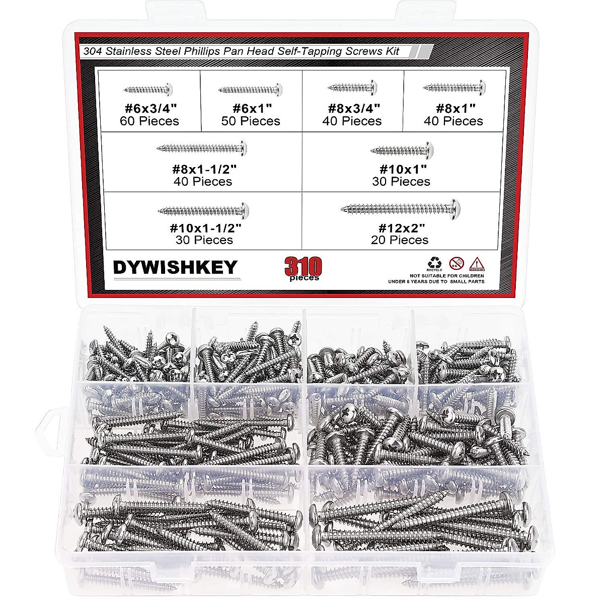 DYWISHKEY 310 Pieces #6#8#10#12 Stainless Steel 304 Phillips Pan Head Self-Tapping Screws, Wood Screws Assortment Kit