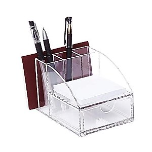 Ikee Design Acrylic Premium Desktop Office Supplies Organizer with Post It Note Pad Holder, Mail Storage and 3 Pencil Slots, Office Tool Storage Case, 3 7/8" W x 5 7/8" D x 3 1/2" H