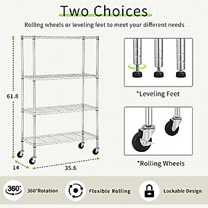 YYkokocat 4 Tier Shelving Unit 62" H Adjustable Metal Shelves w/Wheels Heavy Duty Storage Shelf 1400Lb Capacity Garage Shelving Storage Wire Shelving for Kitchen, 36" L x 14" D x 62" H, Chrome