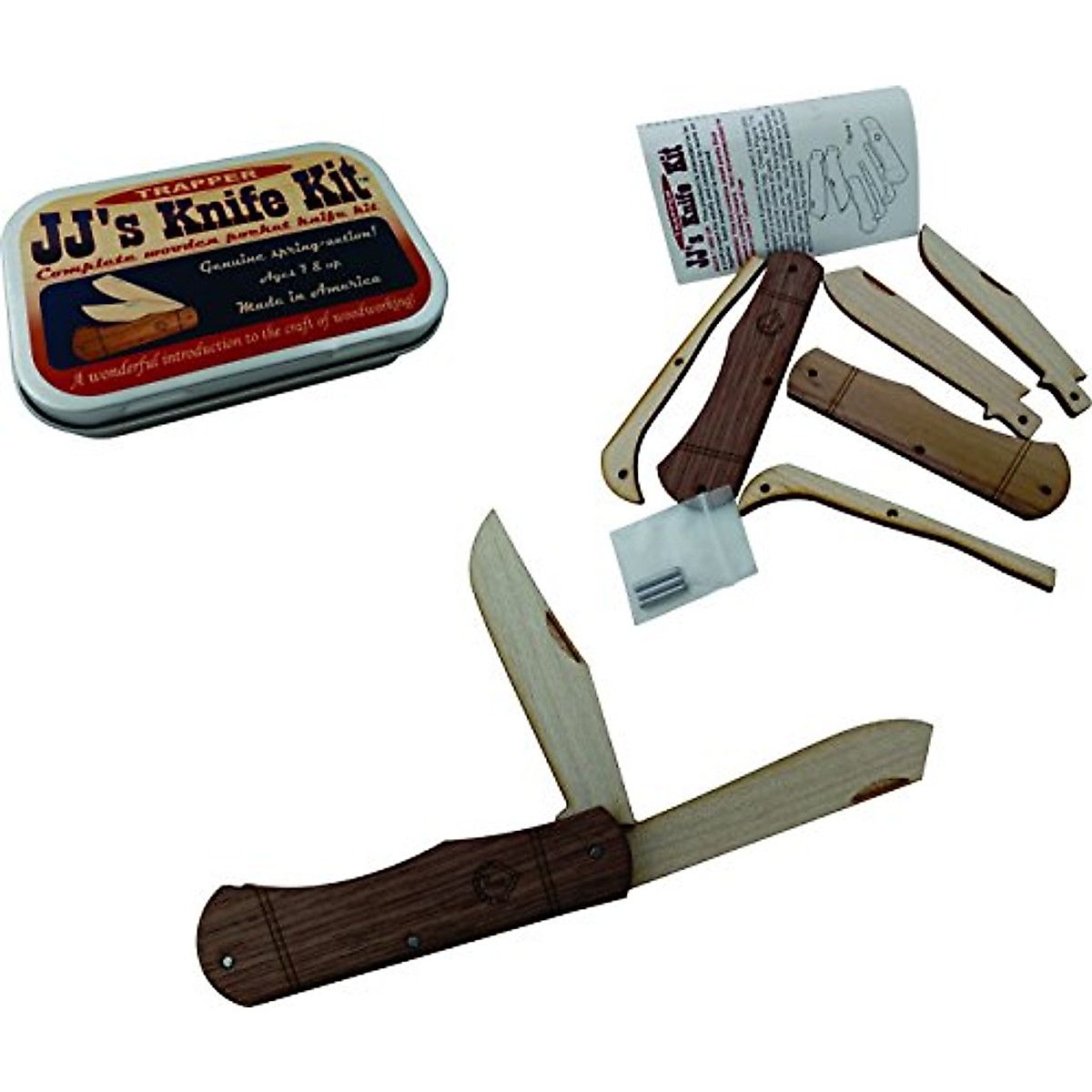 JJ’s Knife Kit Trapper Wooden Pocket Knife Making Kit | Perfect Beginner Knife Making Kit To Teach Knife Safety | Double Blade Style Toy Knife | Ages Seven And Up | Made In The USA