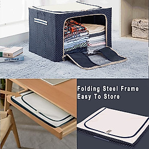 VINMEN Oxford Cloth Steel Frame Storage Box, 2 Pack 66L Foldable Storage Bag Organizers with Clear Window, Reinforced Handle for Navy Blue