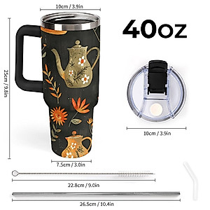 YTLKGFP 40 Oz Large Capacity Car Cup Plants And Teapot Tumbler with Handle (Black) Straw Lid Insulated Stainless Steel Water Bottle Travel Mug Leak-proof Car Cup Keeps Cold Or Hot