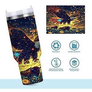 Slewiaeky Tumbler with Handle 40 oz Animal Hawk Beautiful America Travel Mug with Lid and Straw Stainless Steel Vacuum Insulated Water Bottle Cup for Iced Tea Coffee Cold Beverages Cup Holder Friendl