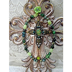 Upscaled Green ROSE Beaded WALL CROSS Decor, Wood Hand Beaded Cross, Office home church cross, upscaled religious art, Christian gift