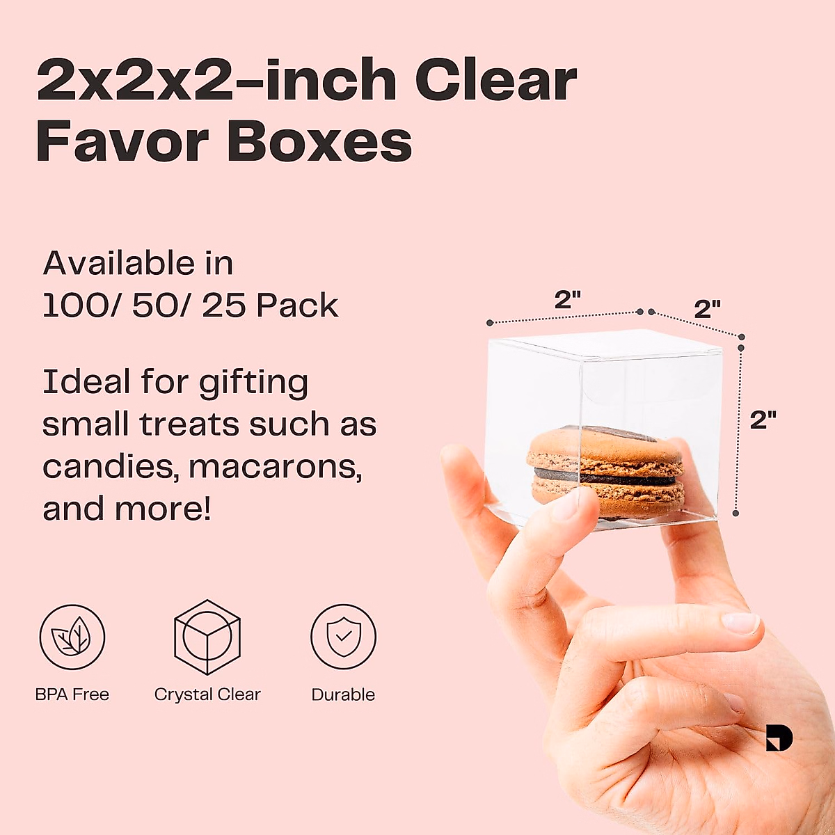 Decvel Clear Favor Boxes - 100 pack - 2 x 2 x 2 inches Stackable Clear Gift Boxes Made from Food-Grade, Scratch Resistant PET Material - Can Be Used As Display Plastic Box, Clear Treat Boxes, and For Party Favors
