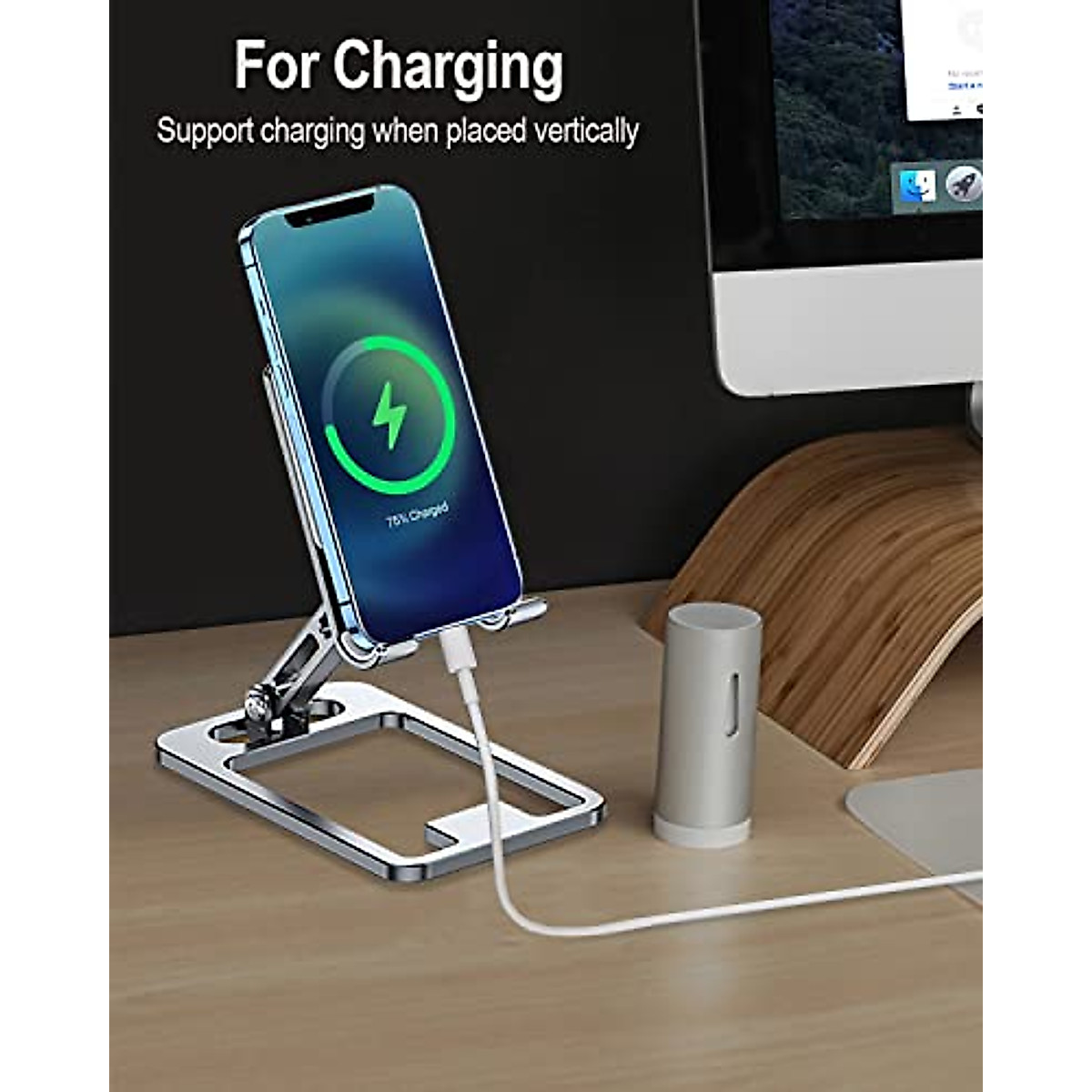 Folding Cell Phone Stand, Adjustable Desktop Phone Holder Dock Compatible with Phone 14 13 12, Plus, Pro, Pro Max, Samsung Galaxy S22 S10, 4-10 inch Tablet (Silver)