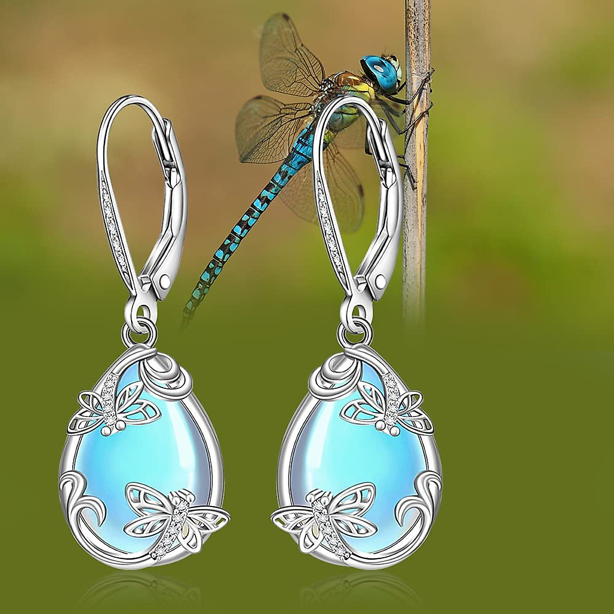Dragonfly Moonstone Earrings for Women Filigree Earrings Teardrop Lever Back S925 Sterling Silver Moonstone Jewelry