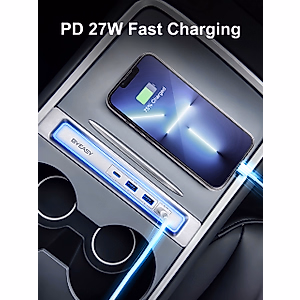 BYEASY Tesla USB Hub for Model 3/Y(2021/2022), 4-in-2 Multi-Port Docking Station with 2 USB Port and 2 Type-C Port, Supports 27W PD Charging and Data Transmission for Tesla Splitter Extension