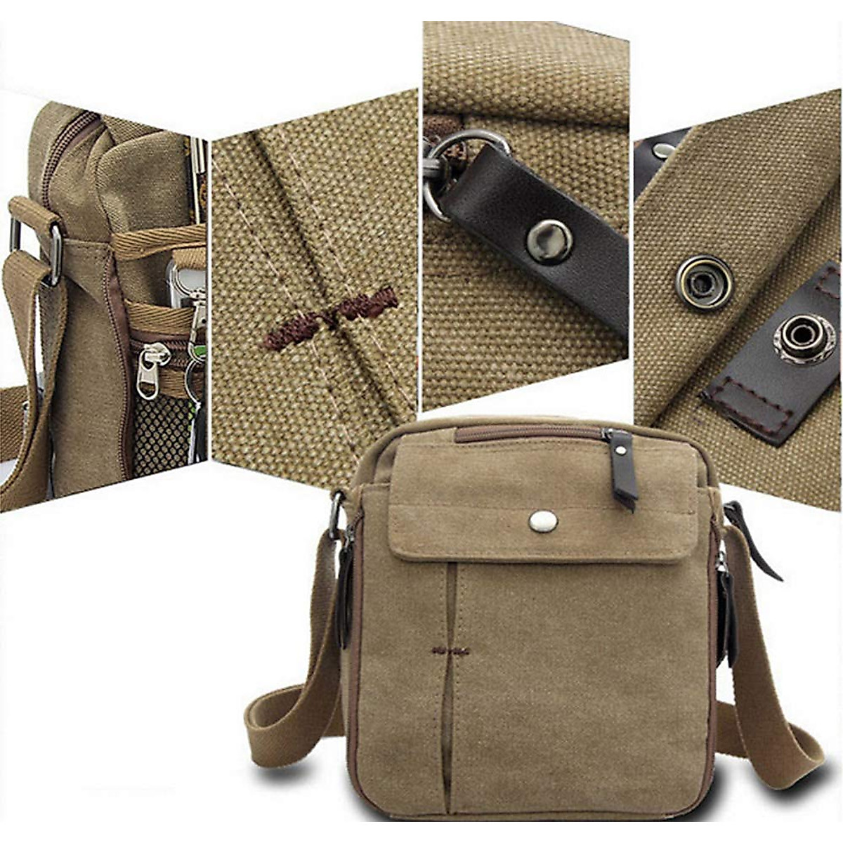 Men's Canvas Messenger Bag ,Casual Shoulder/ Chest Bag ,Travel Carry Bag,Multi-pocket Purse Handbag Crossbody Bags,Vintage Lightweight Small Satchel ,Khaki