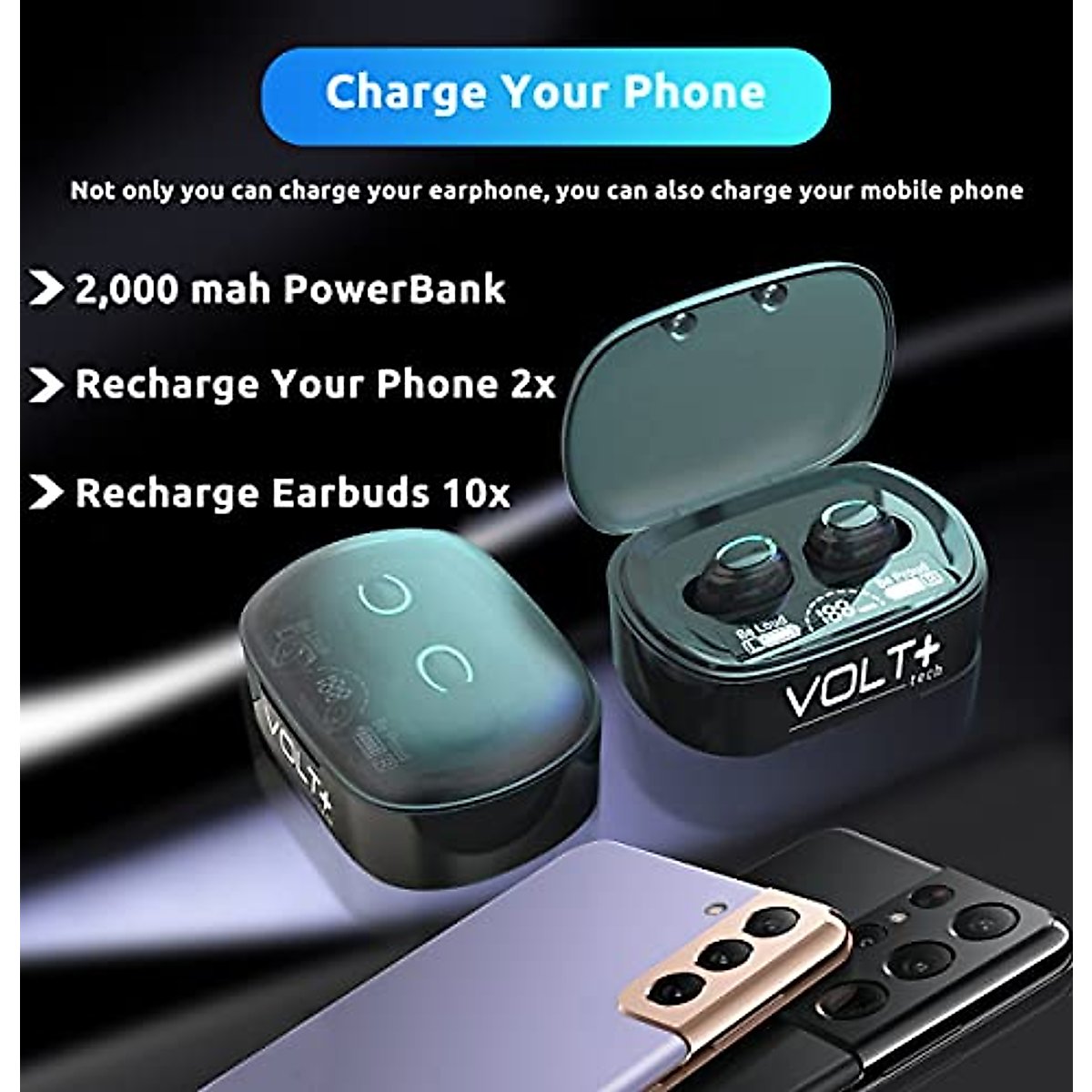VOLT PLUS TECH Wireless V5.1 Bluetooth Earbuds for Samsung Galaxy S22/S21/Ultra/Plus/5G F9 TWS with Mic,8D Bass,Noise Reduction Technology,Waterproof with 2000mAh Charging Case