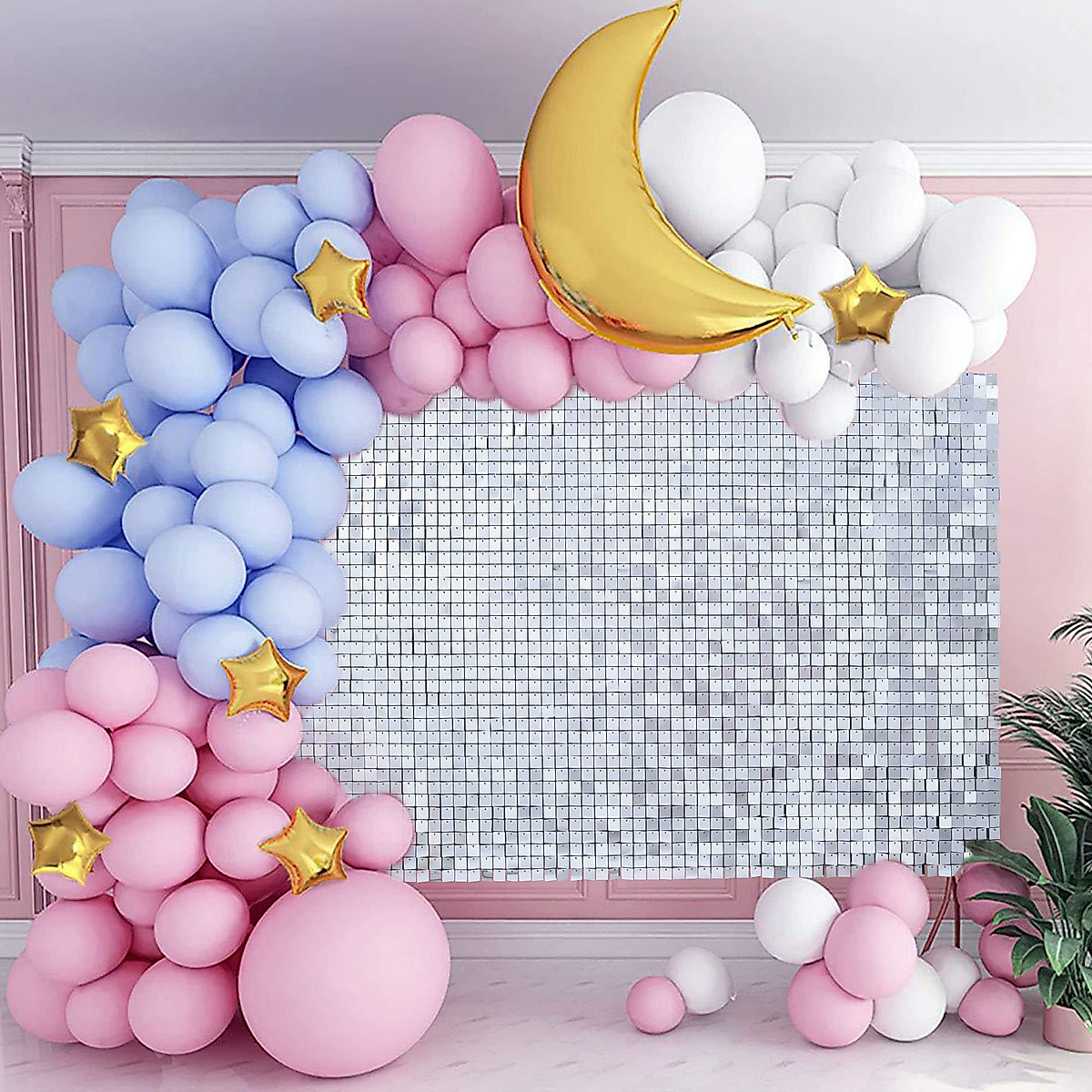 IMOOA Wall Backdrop - 24 Pcs Square Sequin Wall Panels Shimmer Backdrop, Wall Decor for Valentine's Decorations, Birthday, Wedding & Bachelorette Party (Silver)