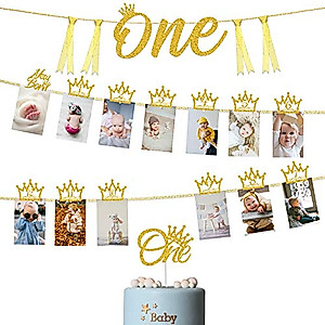 First Birthday Decorations, 1st Birthday Photo Banner for Newborn to 12Months, Gold “ONE” Birthday Banner and ONE Cake Topper for Birthday Party (Gold Glitter)